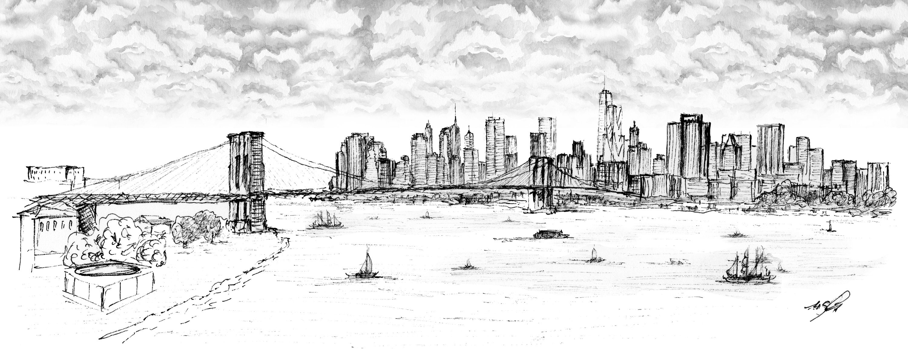Brooklyn Sketch Panoramabrooklyn Bridgeblack and White wall - Etsy