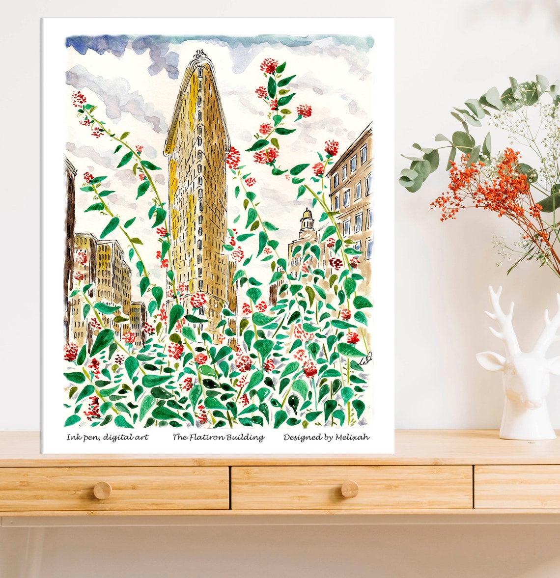New York Print Flatiron Building New York Green Leaves and - Etsy