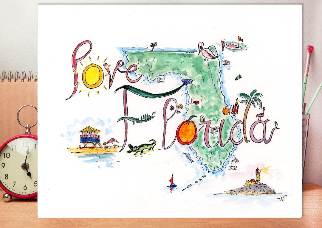 Love Florida, Florida Map Print, Vintage Style Map, Gallery Wall Art ...