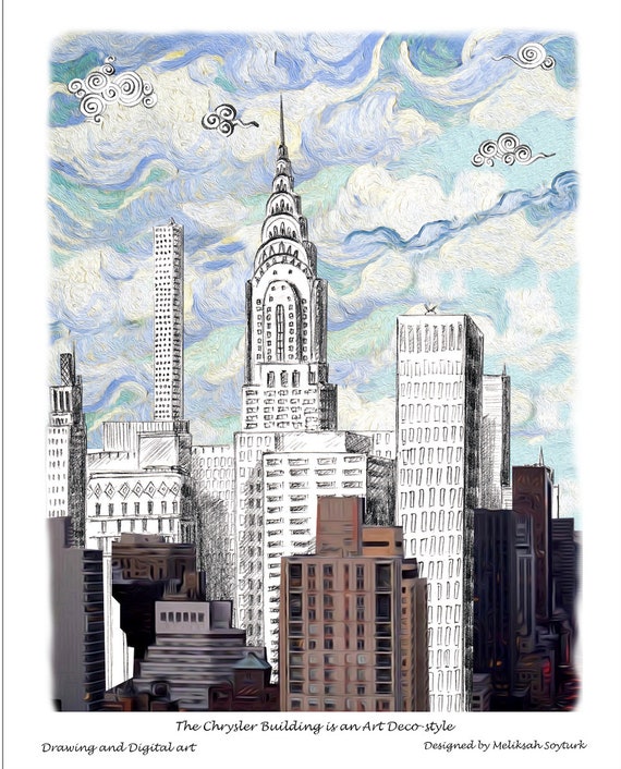 Chrysler building Chrysler Drawing and mix media miniature | Etsy