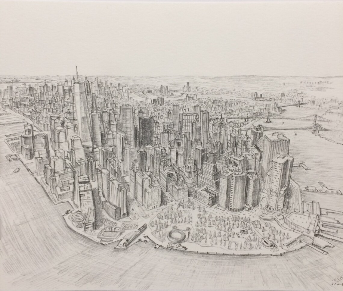 Manhattan from above New York City drawing unique artwork | Etsy
