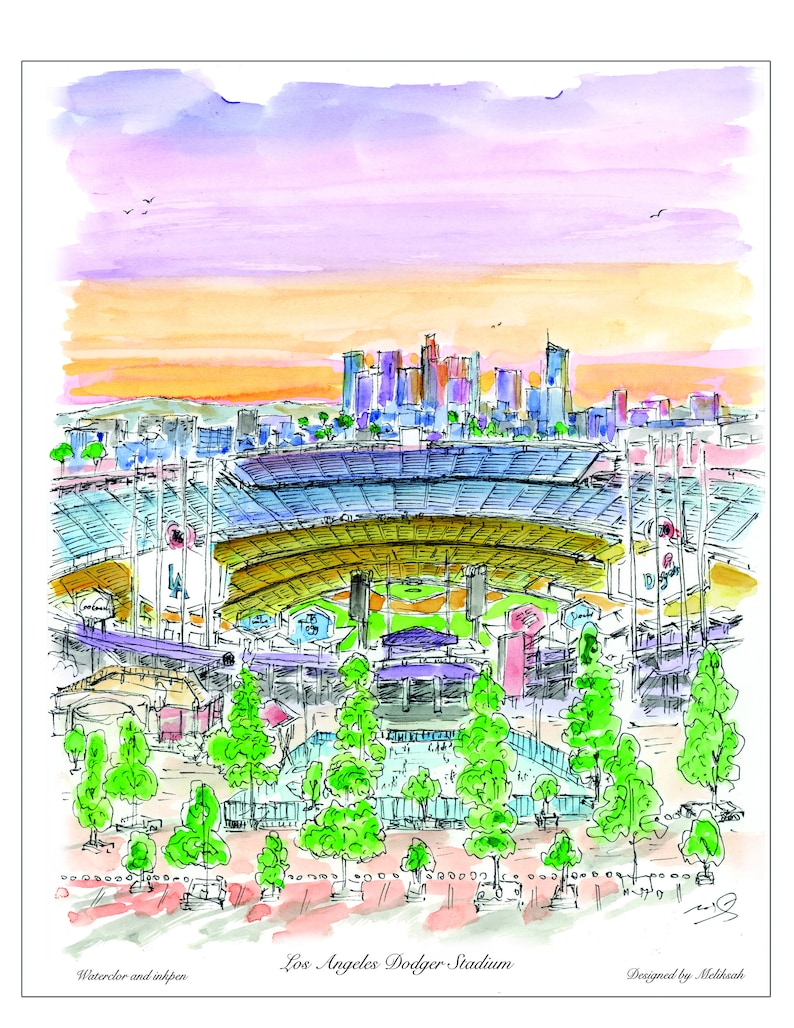 Dodger Stadium Los Angeles Dodgers Stadium Ballpark Watercolor Print ...