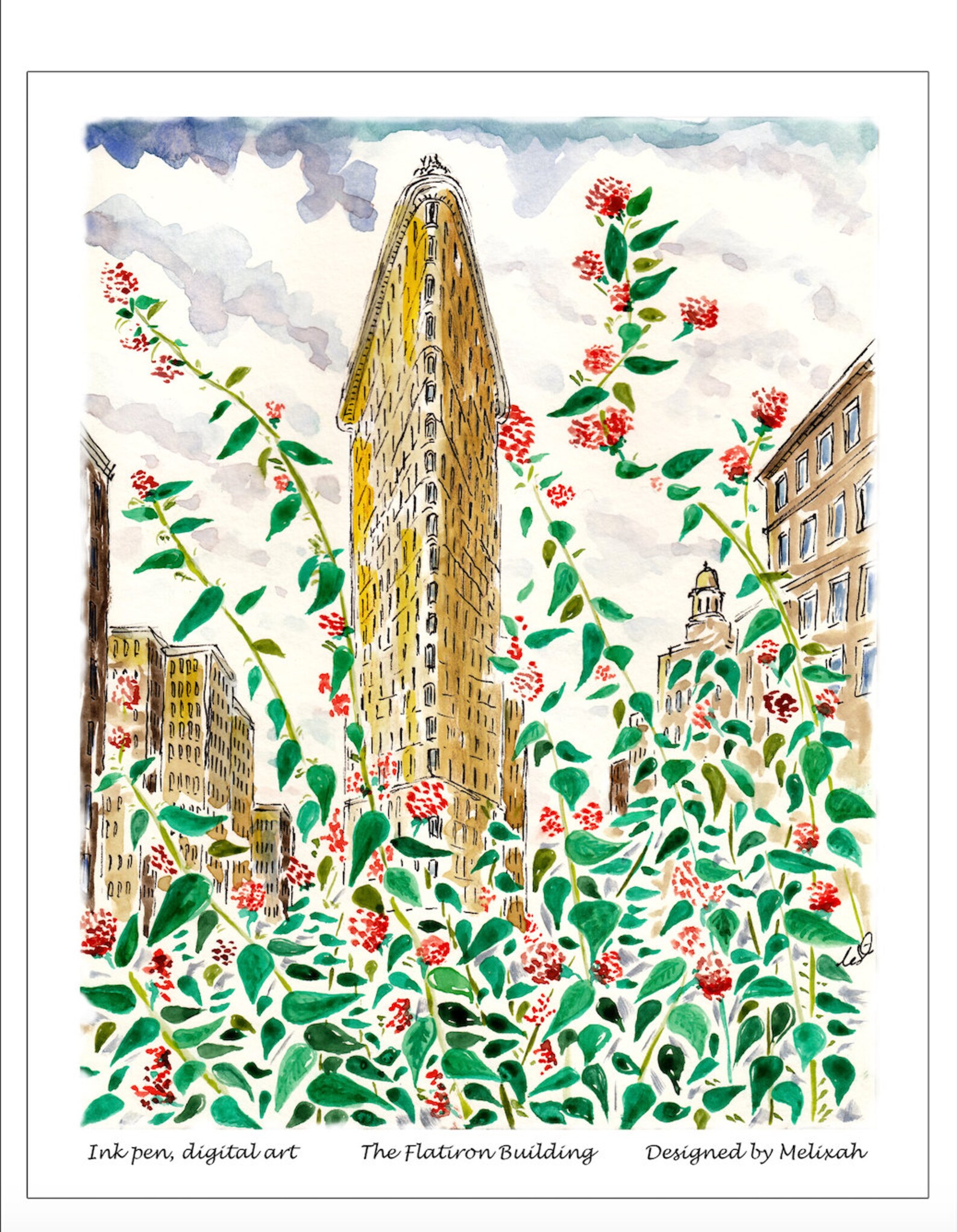 New York print Flatiron building New York Green leaves and | Etsy