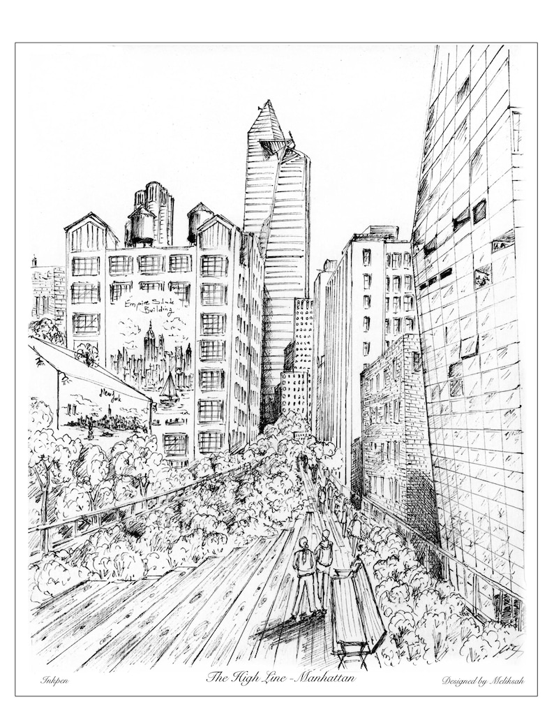 High Line Ink Pen ,drawing ,print High Line New York , Newyork Print ...