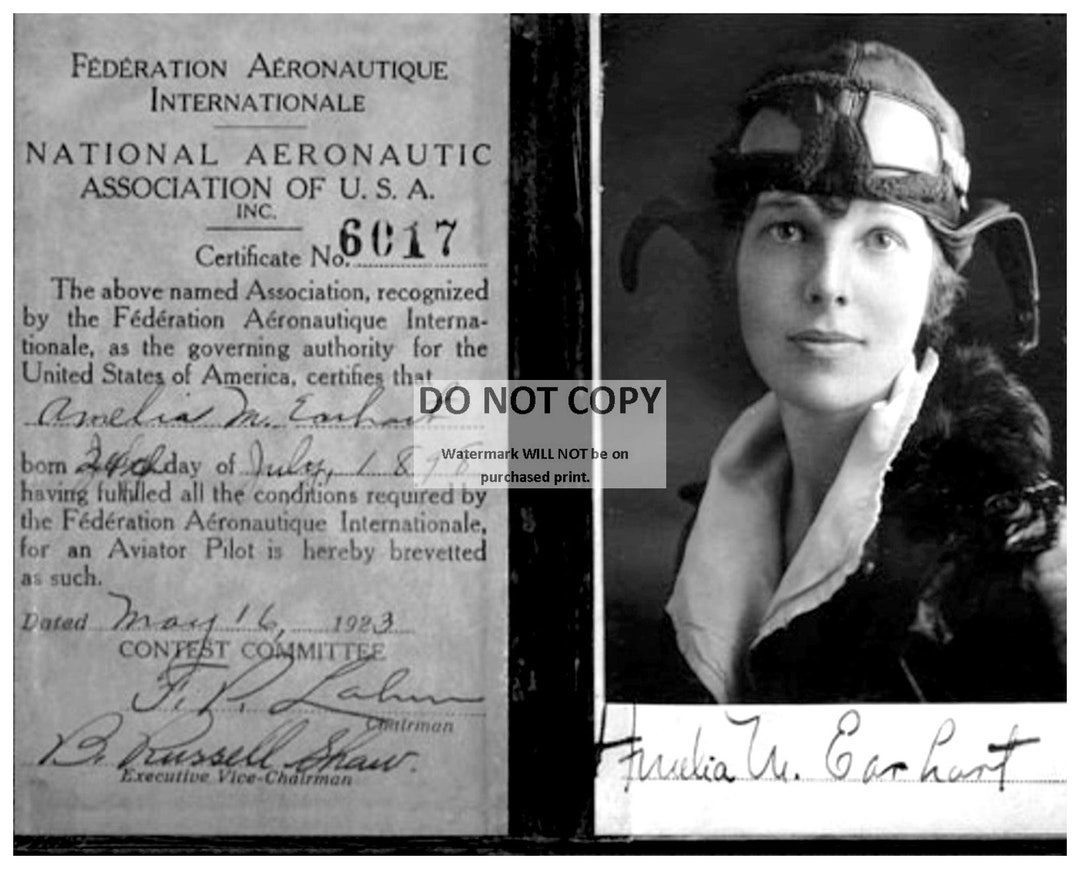 Amelia Earhart's Pilot License From 1923 - 8X10 or 11X14 Reprint Photo ...