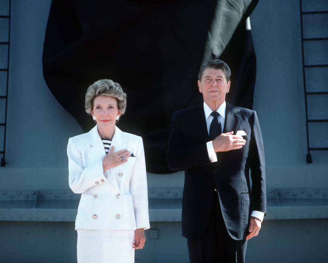President Ronald Reagan and Nancy Salute the U.S. Flag Aboard the USS ...