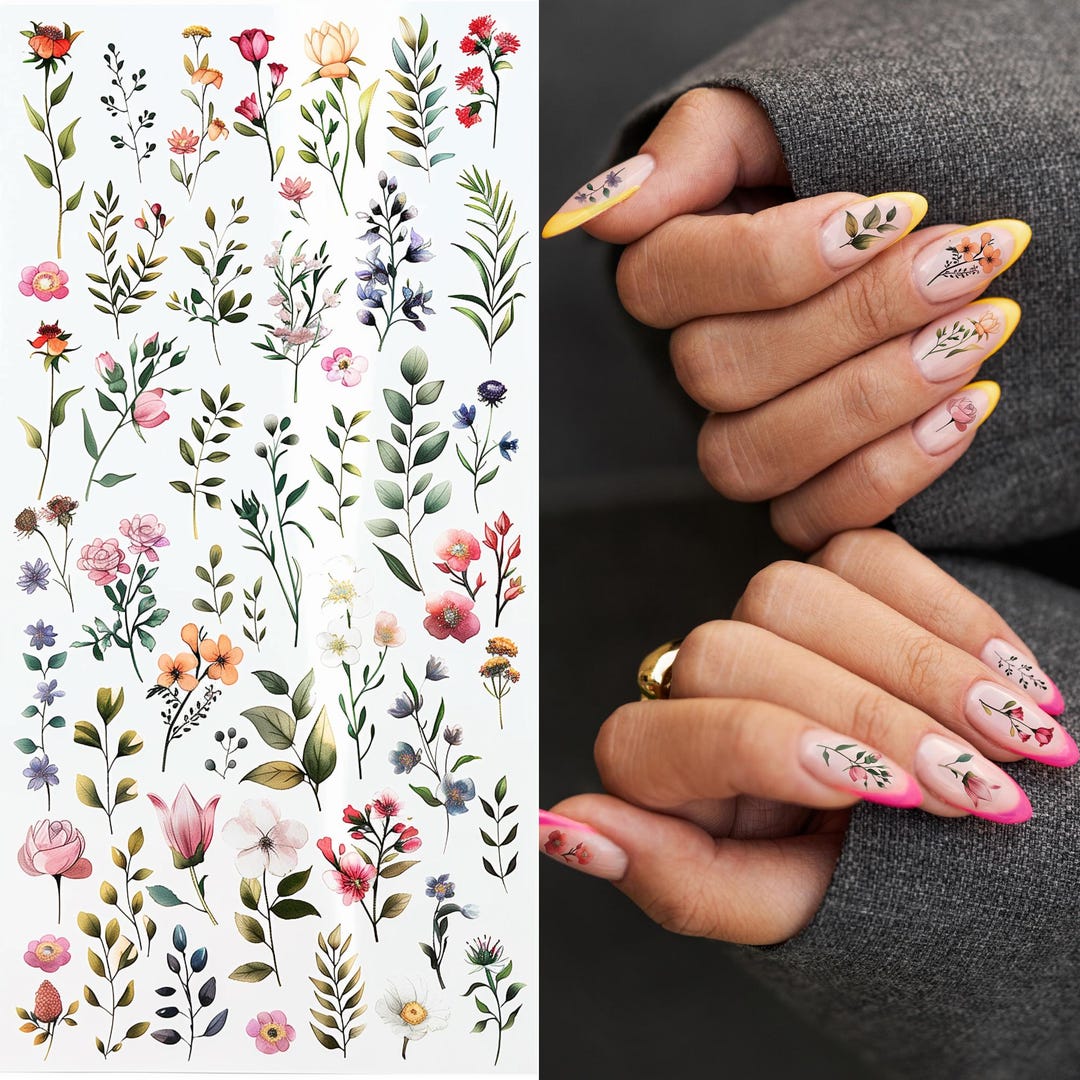Supperb Floral Nail Decals – Hand-drawn Botanical Flower & Leaf Nail ...