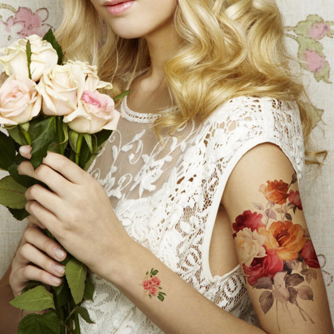 Supperb Large Temporary Tattoos Watercolor Roses Bouquet - Etsy