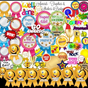 KIDS AWARDS 60 Trophy Stars Ribbons Award Banners for Children School ...