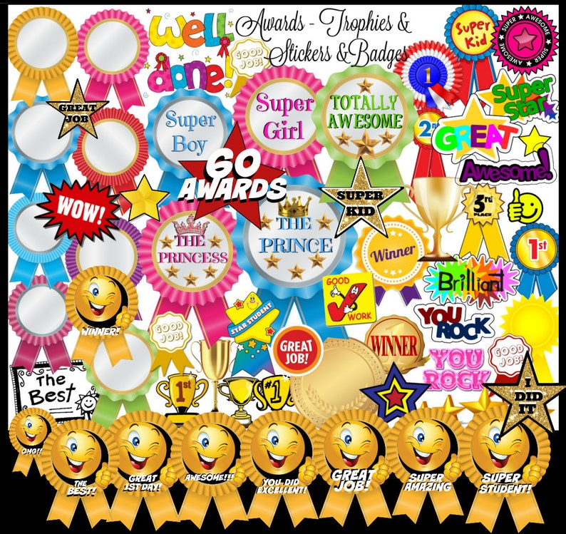 KIDS AWARDS 60 Trophy Stars Ribbons Award Banners for Children School ...
