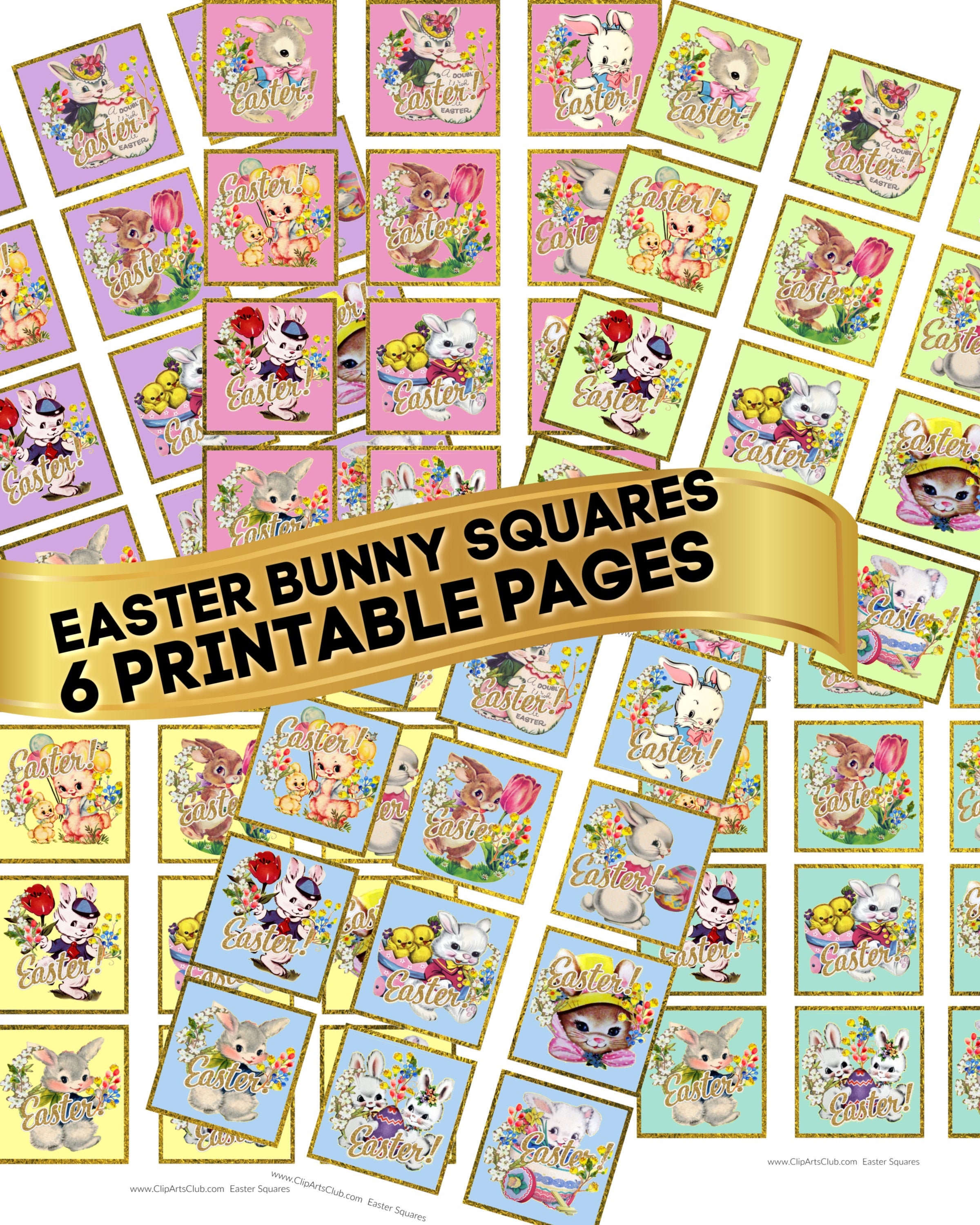 6 Pages EASTER BUNNY SQUARES Adorable Vintage Rabbits Outlined in Gold ...
