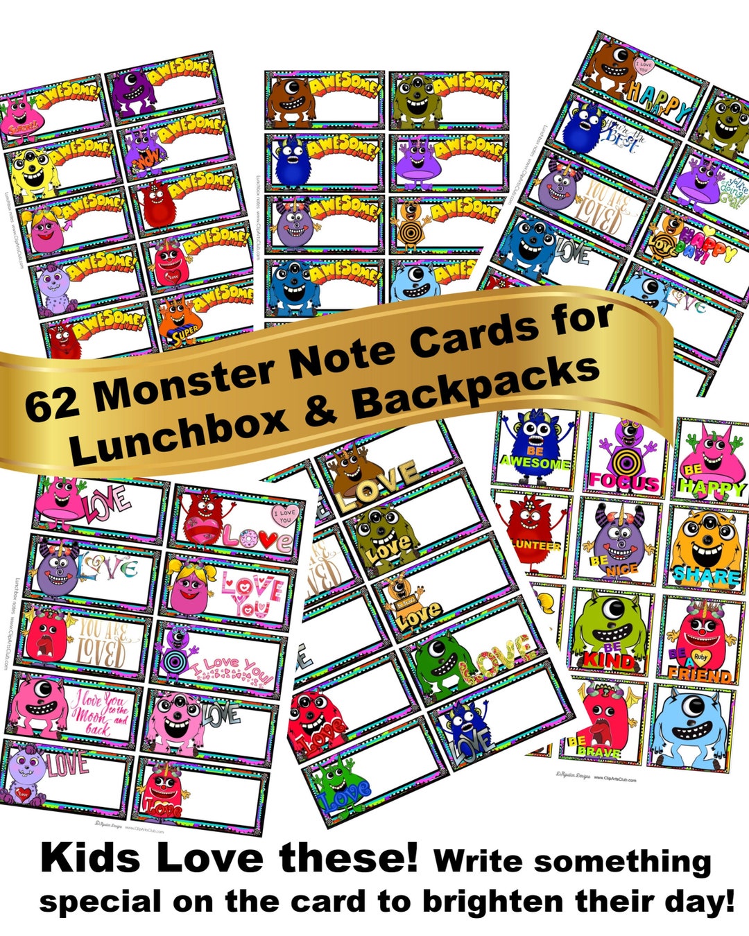 62 Monster Cards - Lunchbox & Backpack Notes for Your Kids! Boys, Girls ...