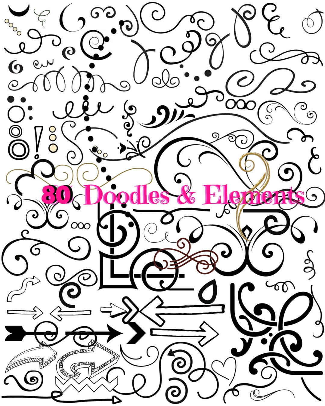 DOODLES 80 PC Bundle Hand Drawn Curly Swirly Flourishes Calligraphy ...