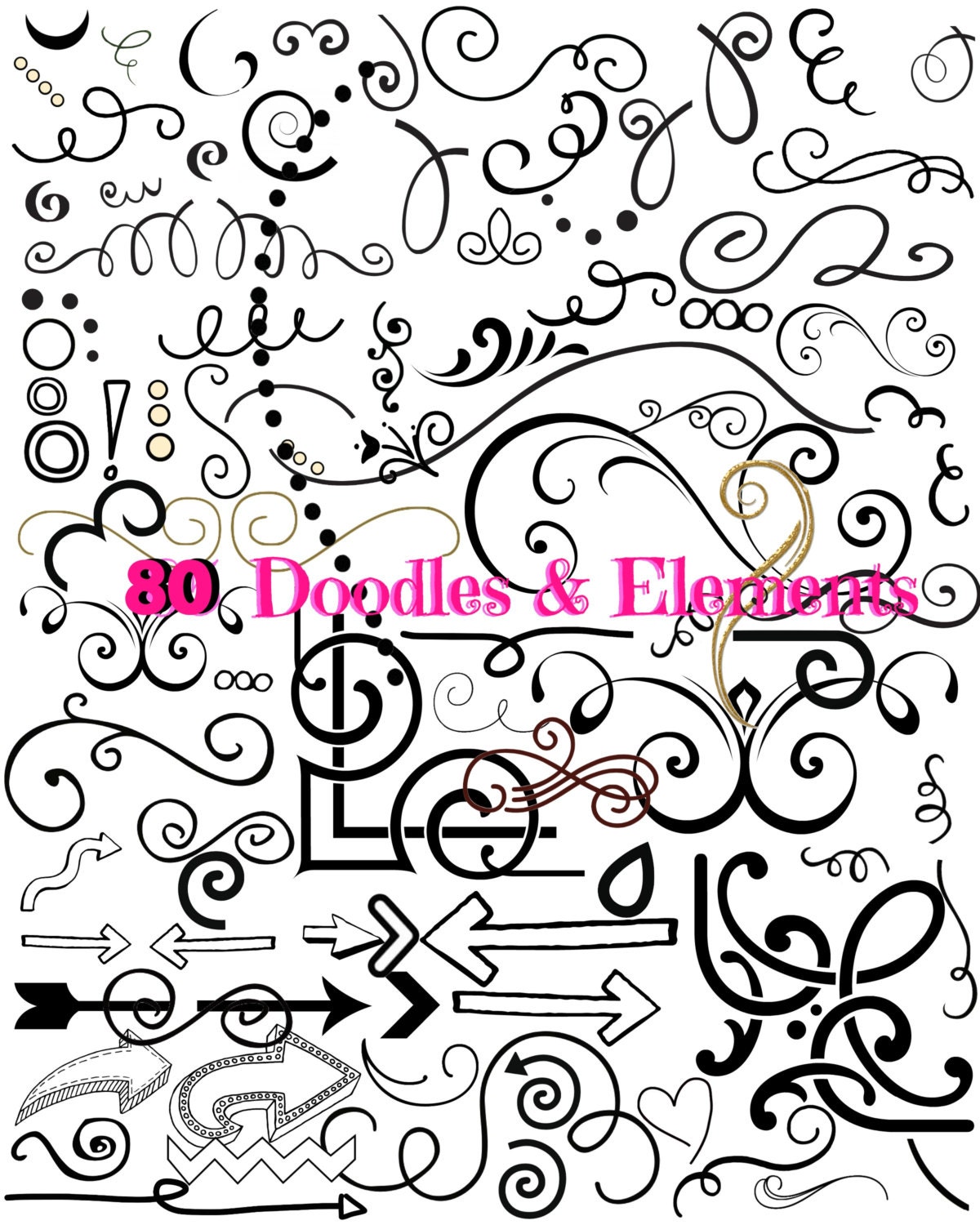 DOODLES 80 PC Bundle Hand Drawn Curly Swirly Flourishes Calligraphy ...
