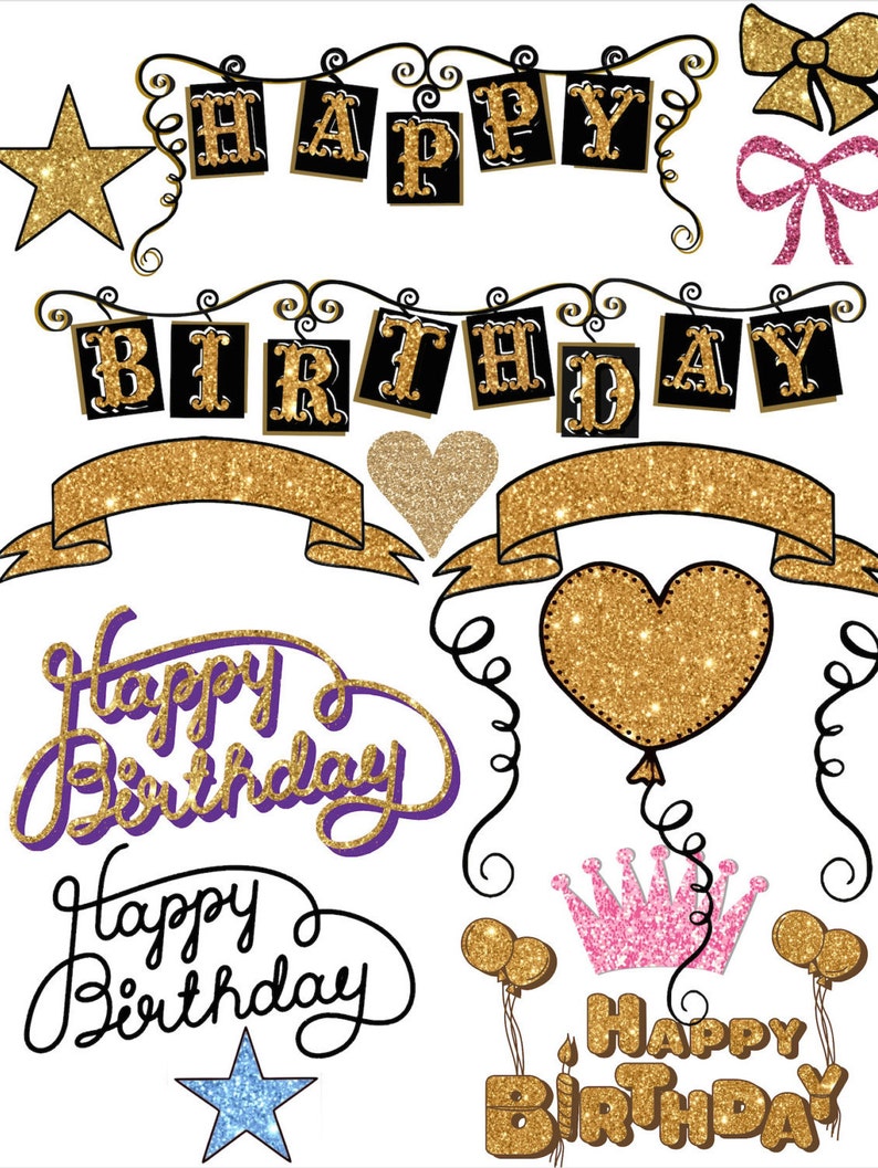 Happy Birthday Bundle 55 GLITTER Images Banners Number Candles Crowns ...