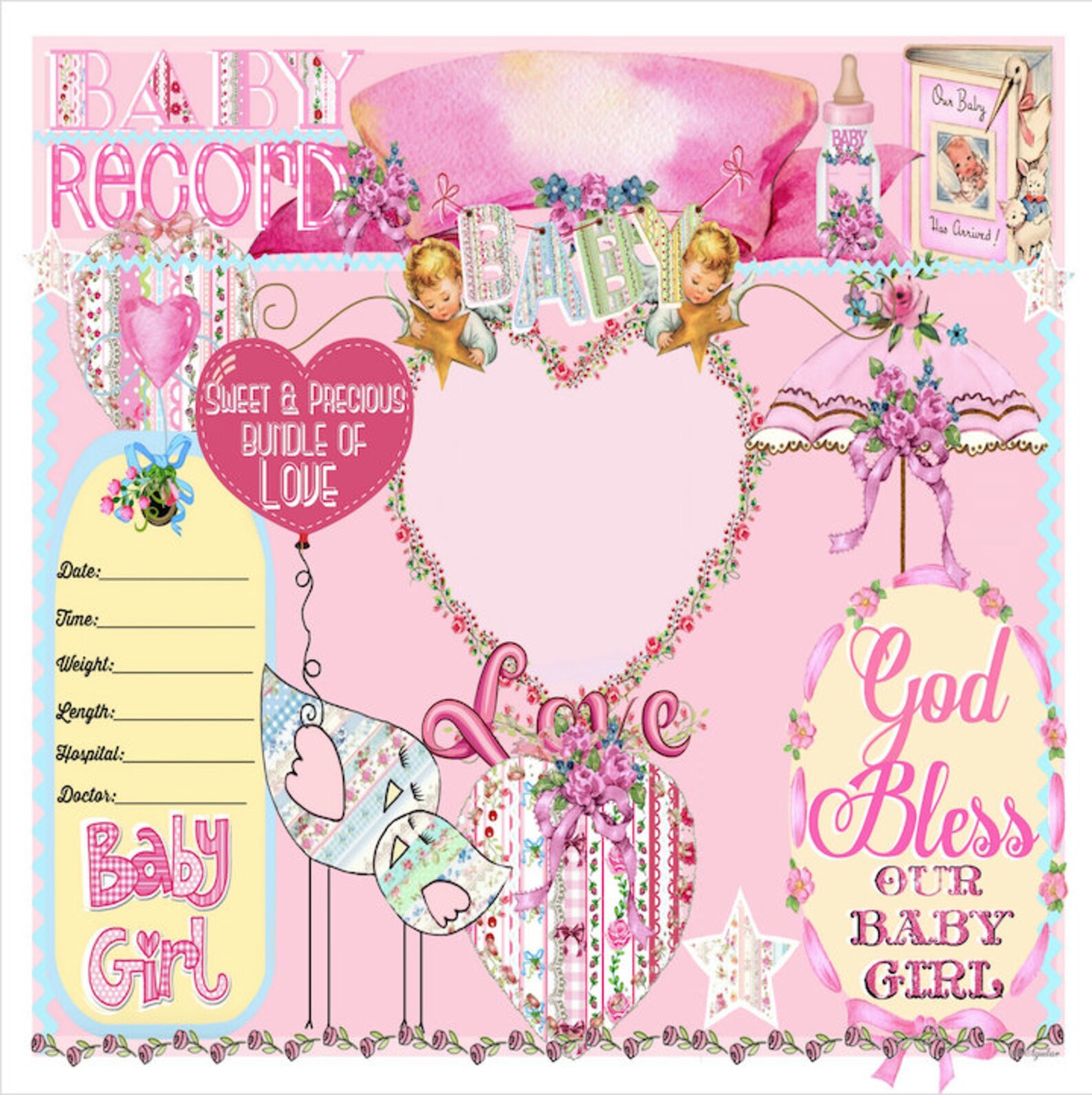BIRTH RECORD Baby Girl 12X12 Scrapbook Page Birth Announcement ...