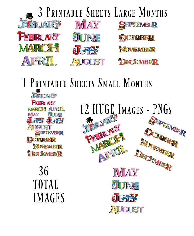 12 MONTHS Calendar Kit 36 Images Make a Printable Calendar or Scrap ...