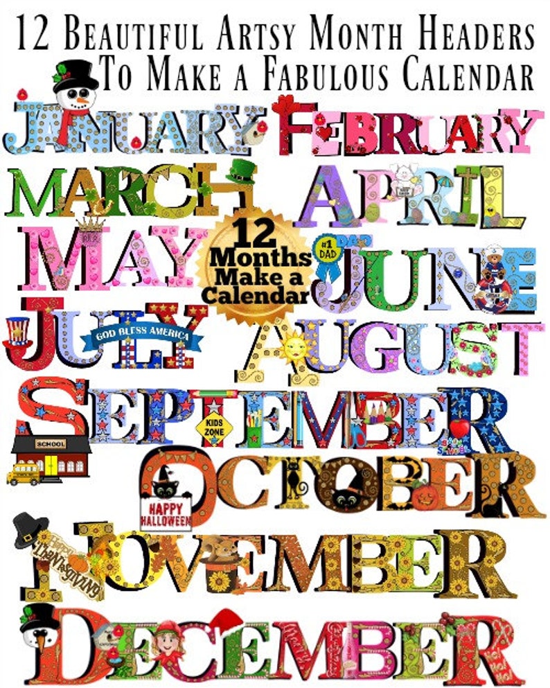 12 MONTHS Calendar Kit 36 Images Make a Printable Calendar or Scrap ...
