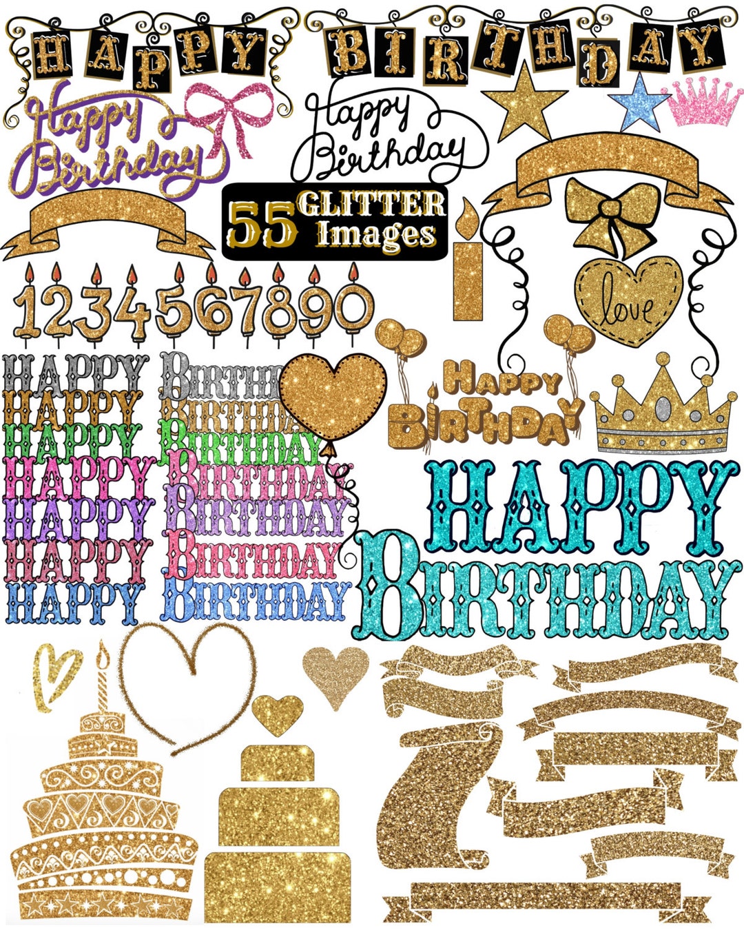 Happy Birthday Bundle 55 GLITTER Images Banners Number Candles Crowns ...