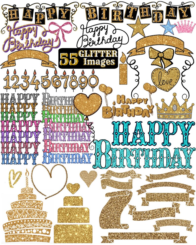 Happy Birthday Bundle 55 GLITTER Images Banners Number Candles Crowns ...
