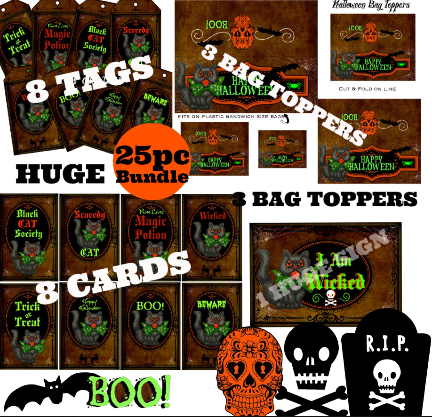 HALLOWEEN CAT 25 Bundle Tags Cards Bag Toppers Wicked Vintage - Etsy