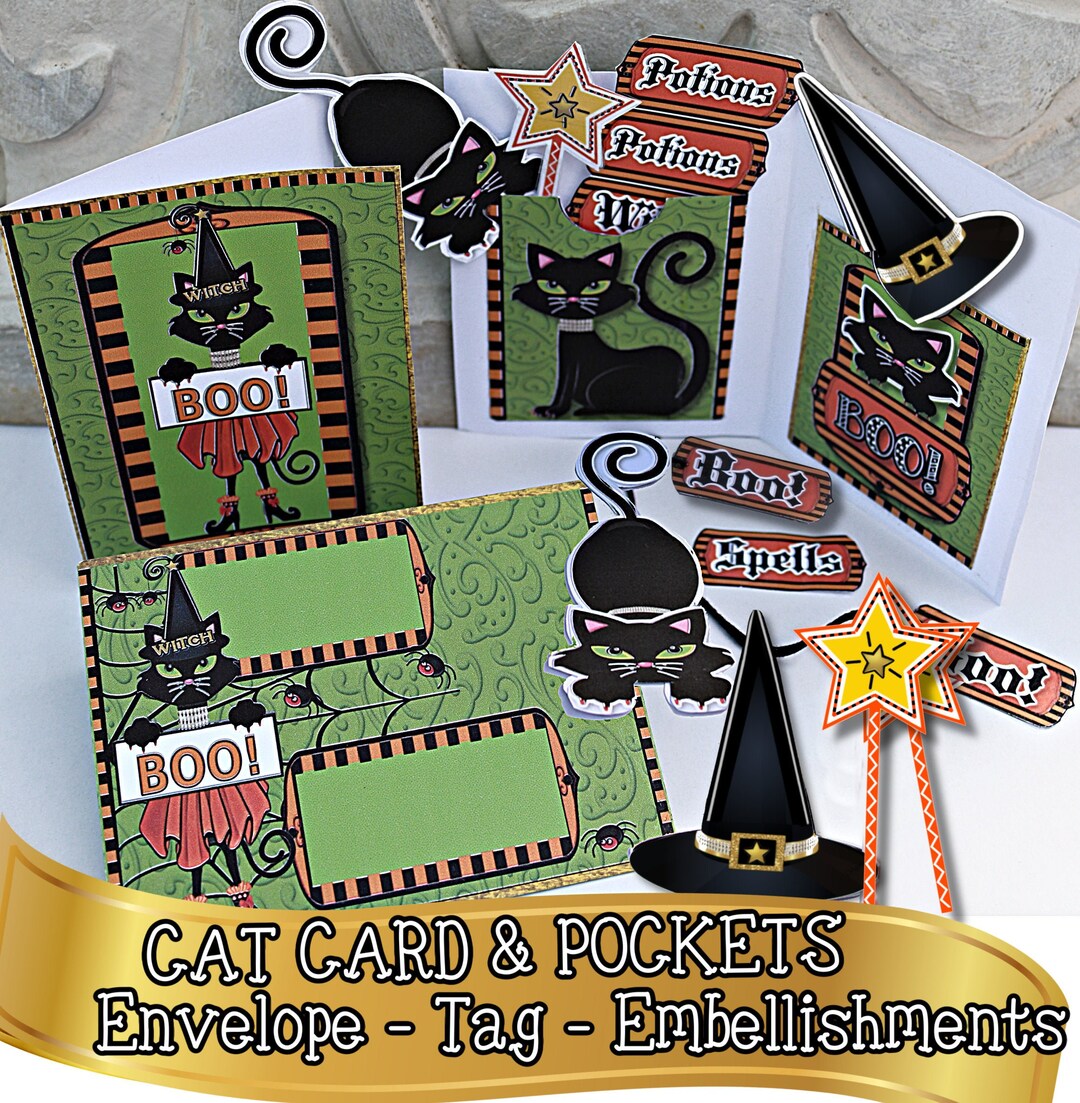 HALLOWEEN BOO Black CAT Card Envelope Gift Tag Pockets Junk Journal ...