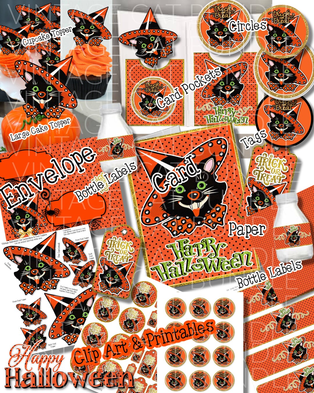 HALLOWEEN VINTAGE CAT Party Bundle Printable Card, Envelope, Pockets ...
