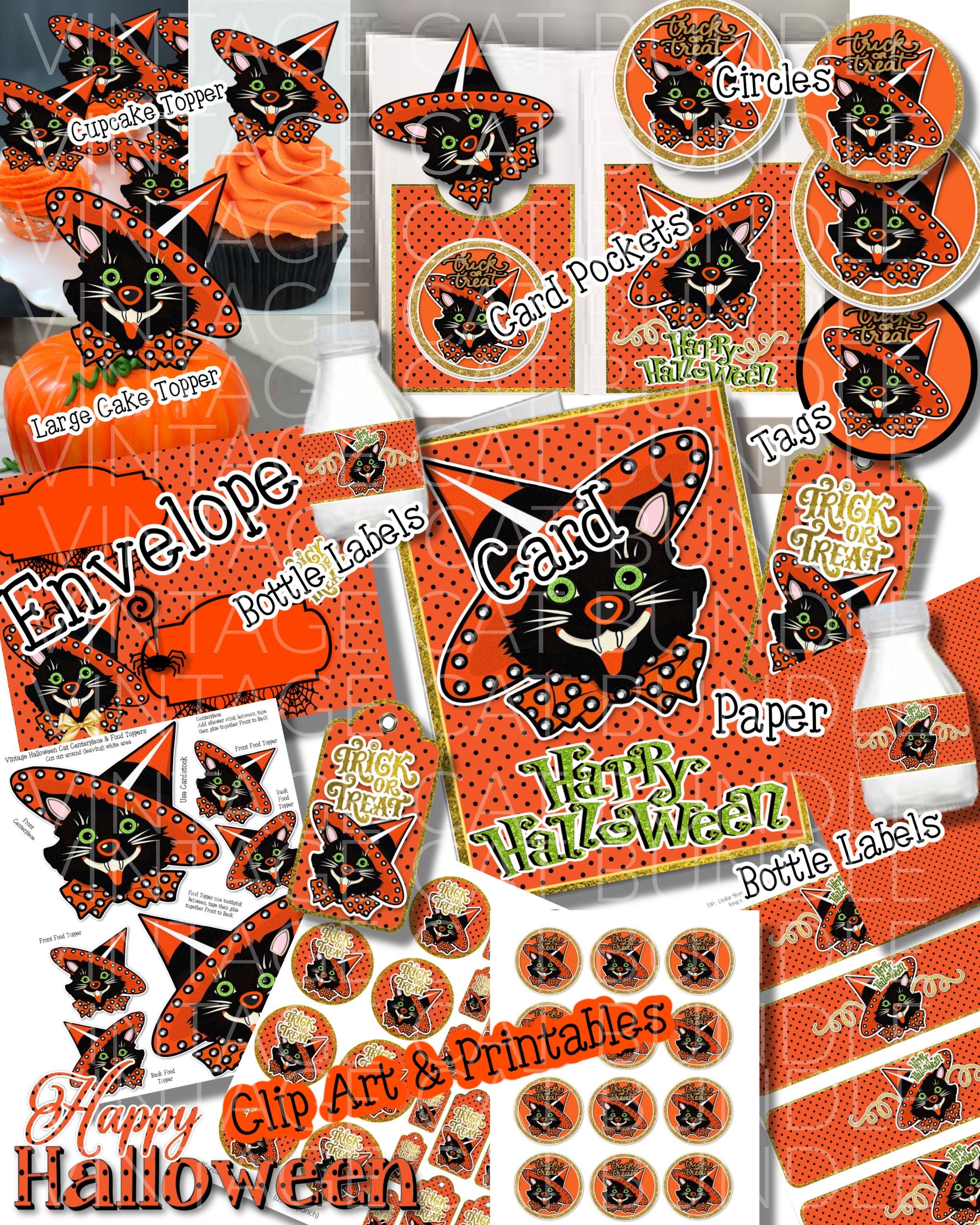 HALLOWEEN VINTAGE CAT Party Bundle Printable Card, Envelope, Pockets ...
