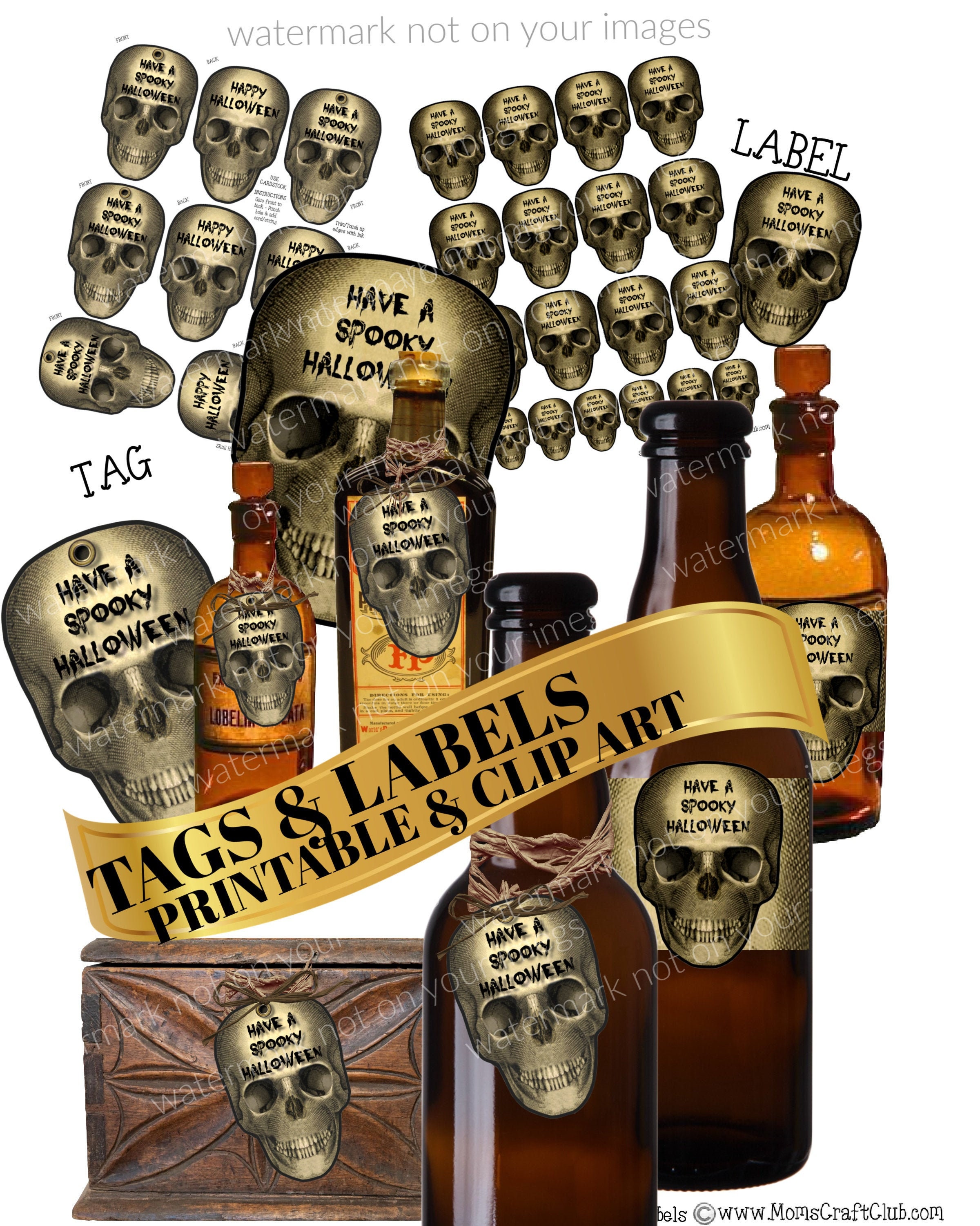 SPOOKY SKULL PRINTABLE Tags & Labels Plus Clip Art for Junk Journal ...