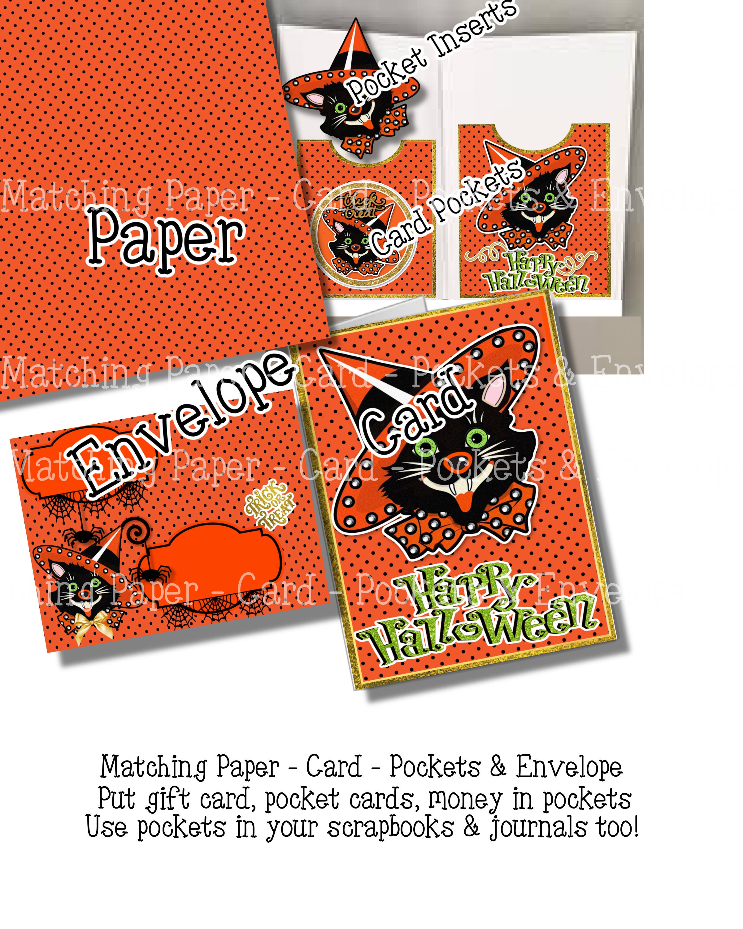 HALLOWEEN VINTAGE CAT Party Bundle Printable Card, Envelope, Pockets ...