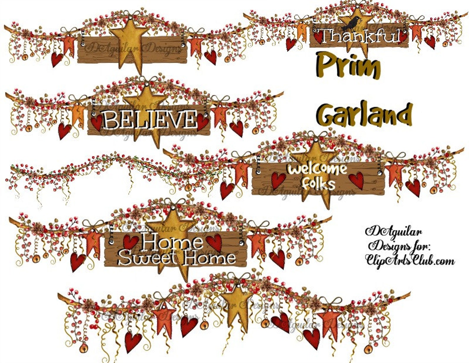 PRIMITIVE GARLAND Bundle Hand Drawn Folk Art Signs Crow Berries ...