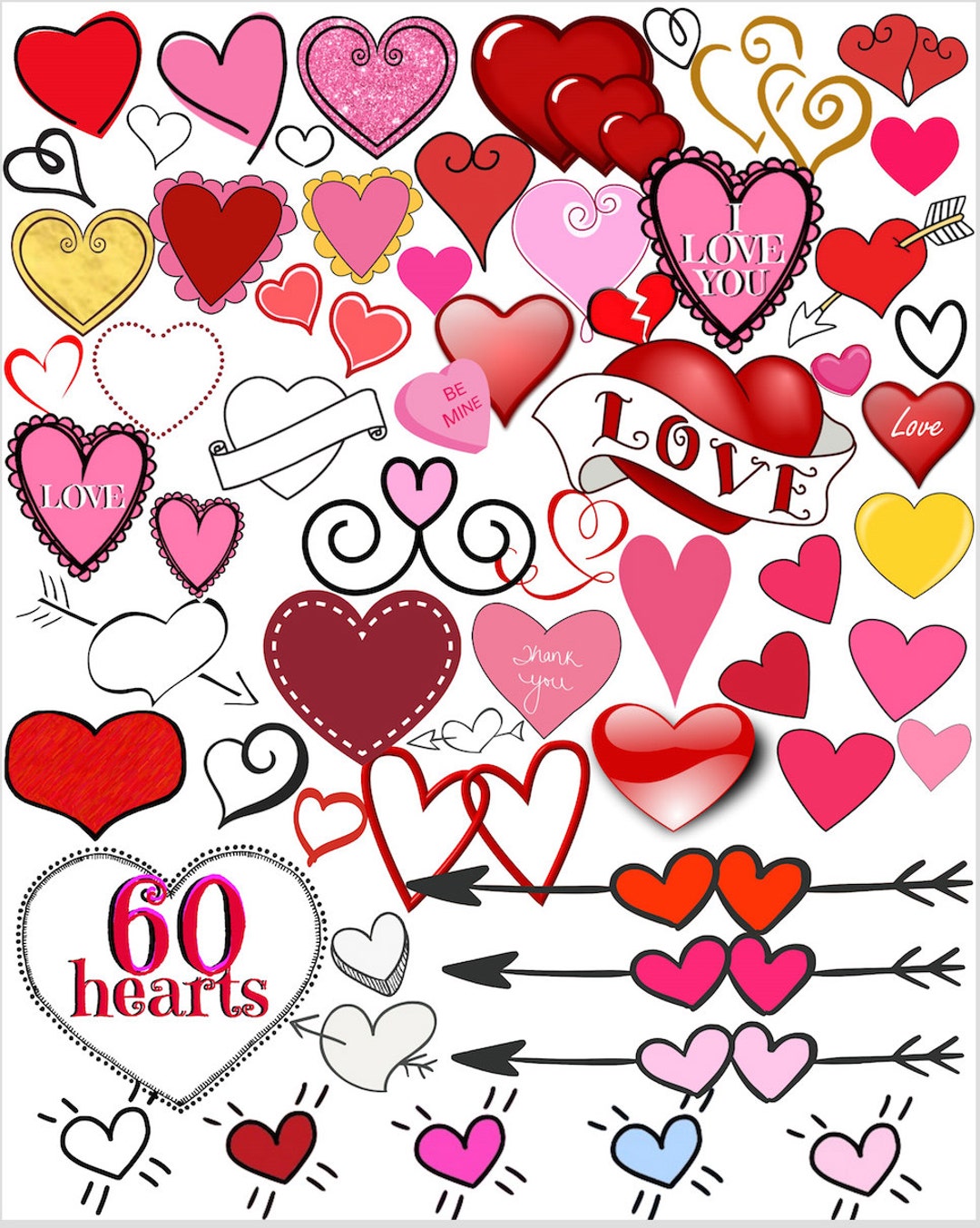 HEARTS 60pc Bundle Clip Art Collection High Resolution Scrapbook Hand ...
