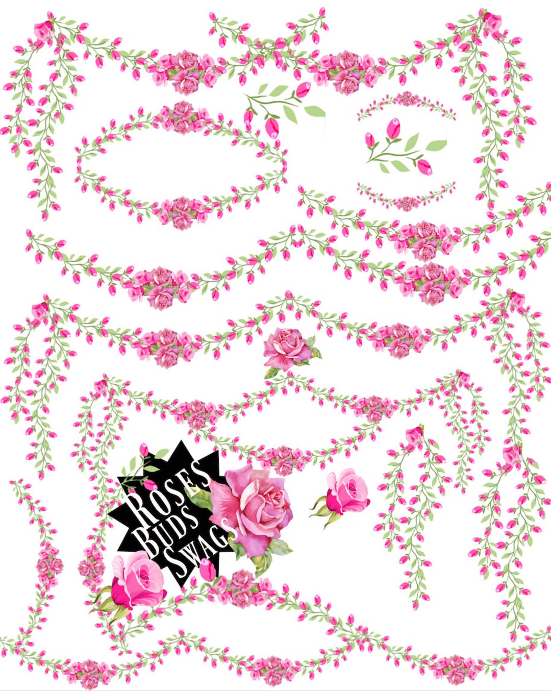 Rose Swags Gorgeous Hand Painted Watercolor Shabby Chic Rosebuds ...