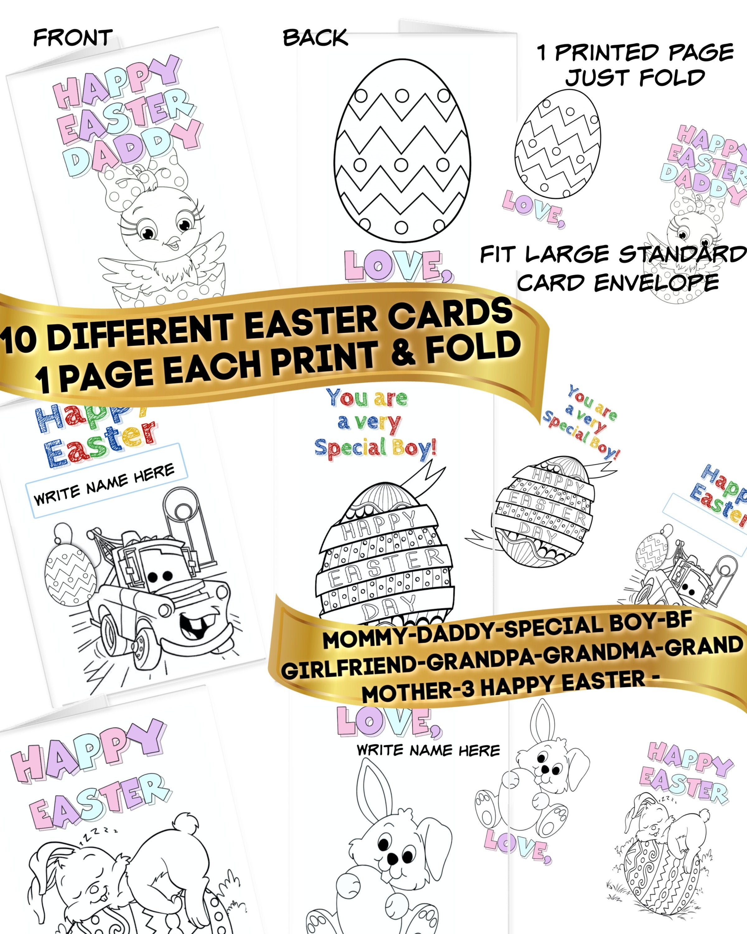 10 KIDS COLORING Easter Cards Craft Kit Bundle Printable - Easy Color ...