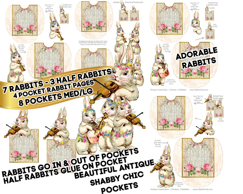 10 WHITE FLOWER RABBITS Antique Shabby Chic Junk Journal Pockets 4 ...