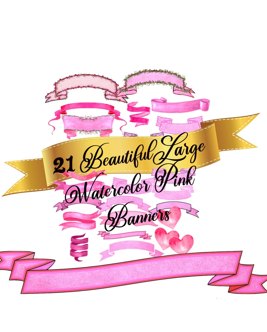 21 PINK WATERCOLOR Bundle Hand Drawn LARGE Banners Clipart Png Images ...