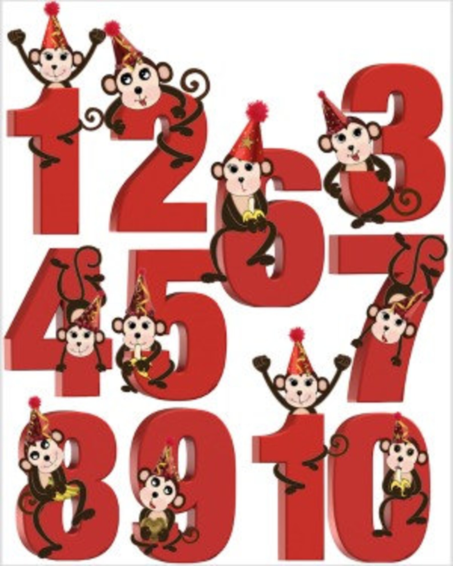 MONKEY Number Set Bright Red Numbers Cutest Monkeys Birthday or Baby ...