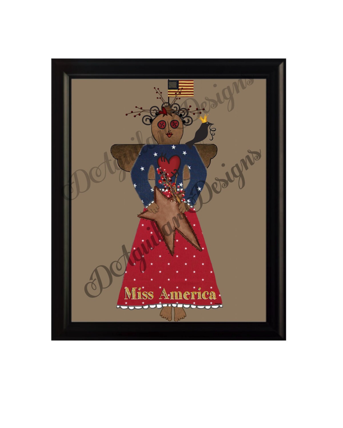 MISS AMERICA Primitive Angel Crow Flag & Star Original Folk Art Hand ...