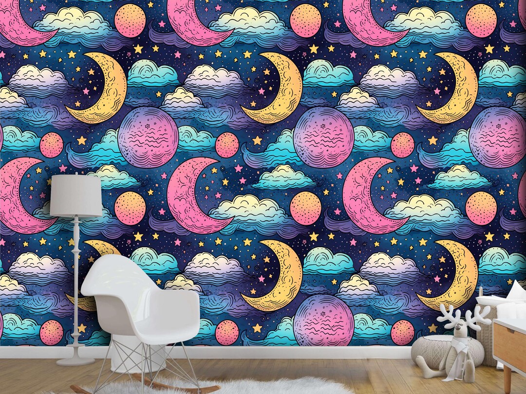 Dreamy Night Sky Kids Room Wallpaper - Easy Peel and Stick - Etsy UK
