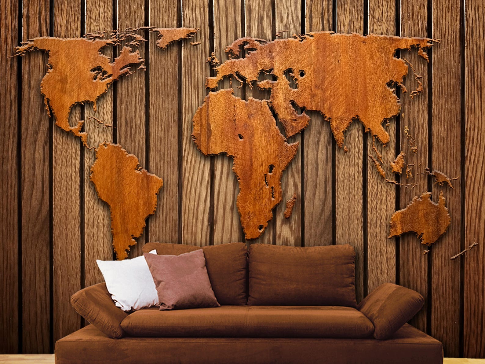 Elegant Global Map Wall Mural on Wood - Stylish Photographic Wallpaper ...