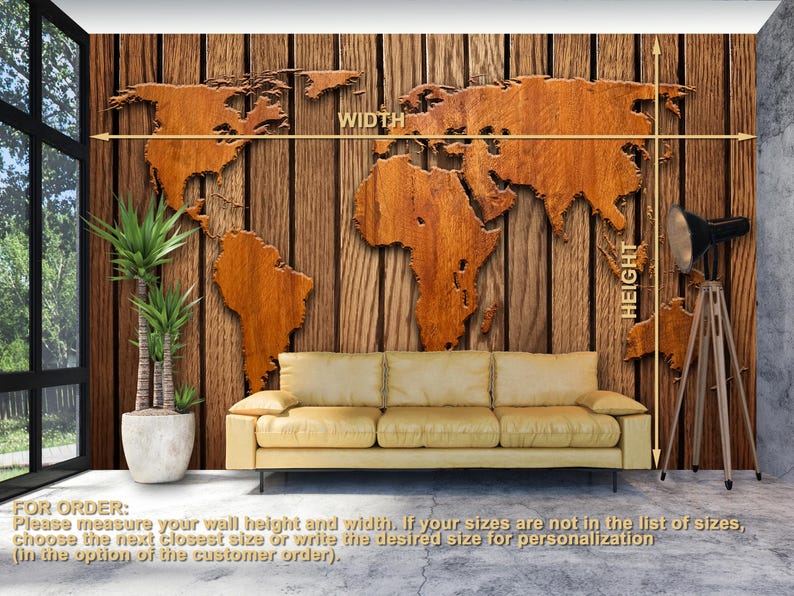 Elegant Global Map Wall Mural on Wood - Stylish Photographic Wallpaper ...