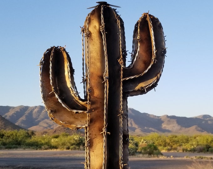 Rustic Barbed Wire Trimmed Saguaro Cactus Mexican Metal Yard Art Desert ...