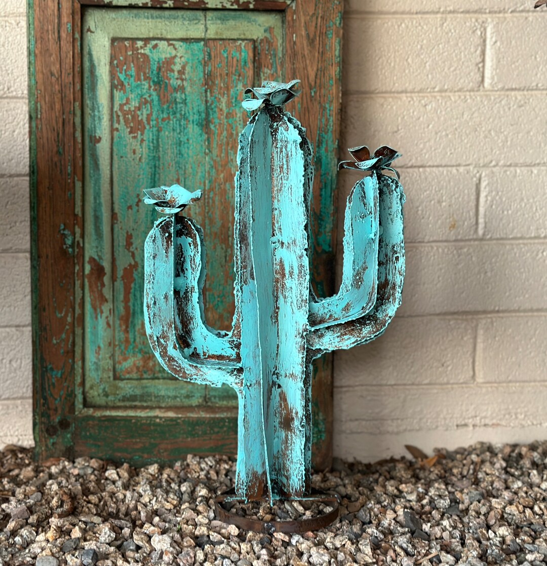 MINI and SMALL Rustic Turquoise Metal Saguaro Cactus Mexican Metal Yard ...