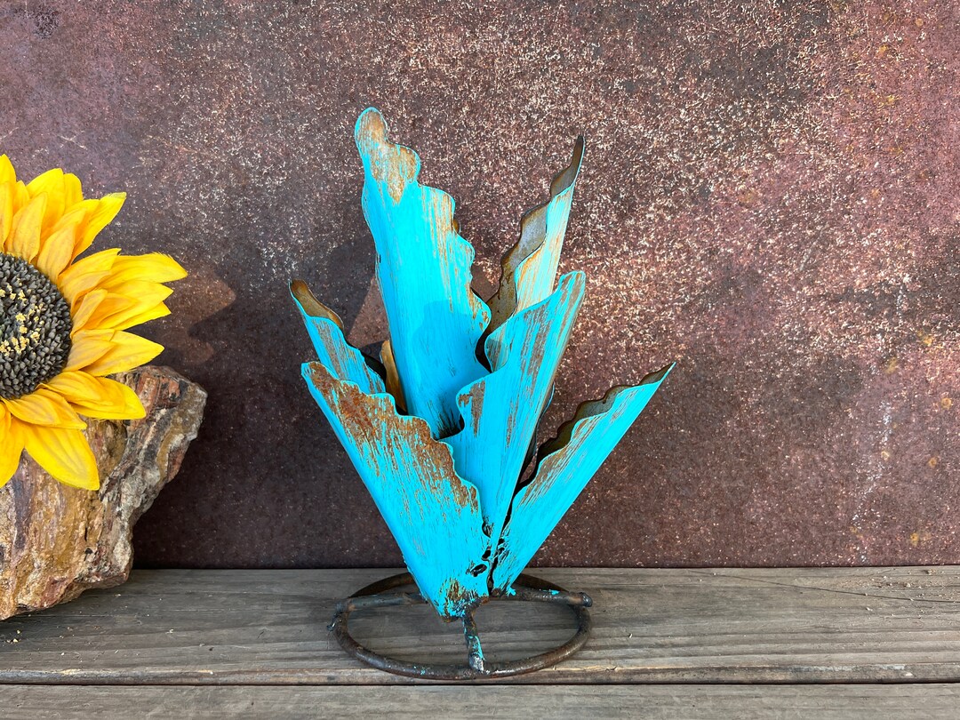 Rustic and Rusty Hand Painted Turquoise Metal Agave Arizona Landscape ...
