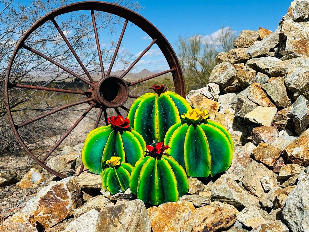 Handcrafted Hand Painted Metal Barrel Cactus: Rustic Mexican Garden Art ...