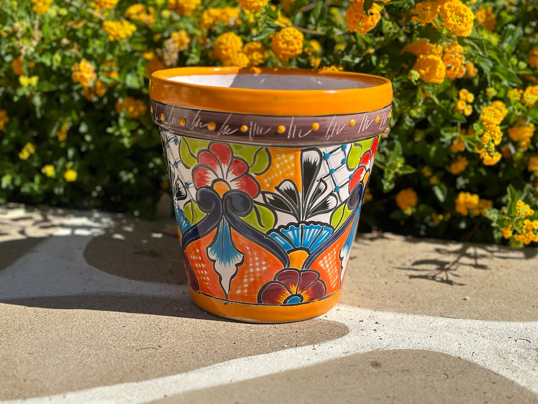 Handcrafted Talavera Style Planter Pot Colorful Hand Painted Flowers ...