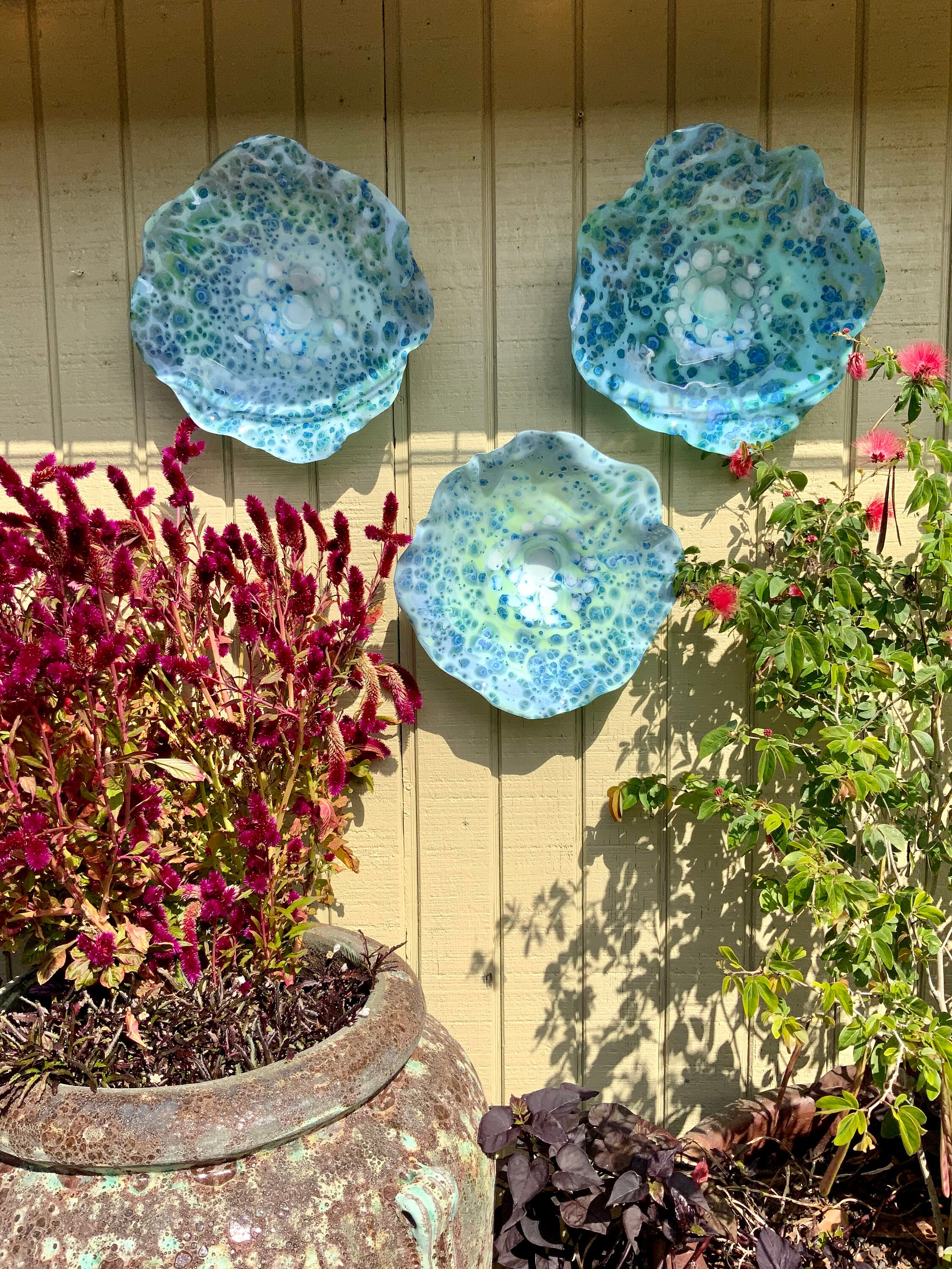 Aqua Blue-Green/white wall poppy Flowers 3 dish art handmade up cycled ...