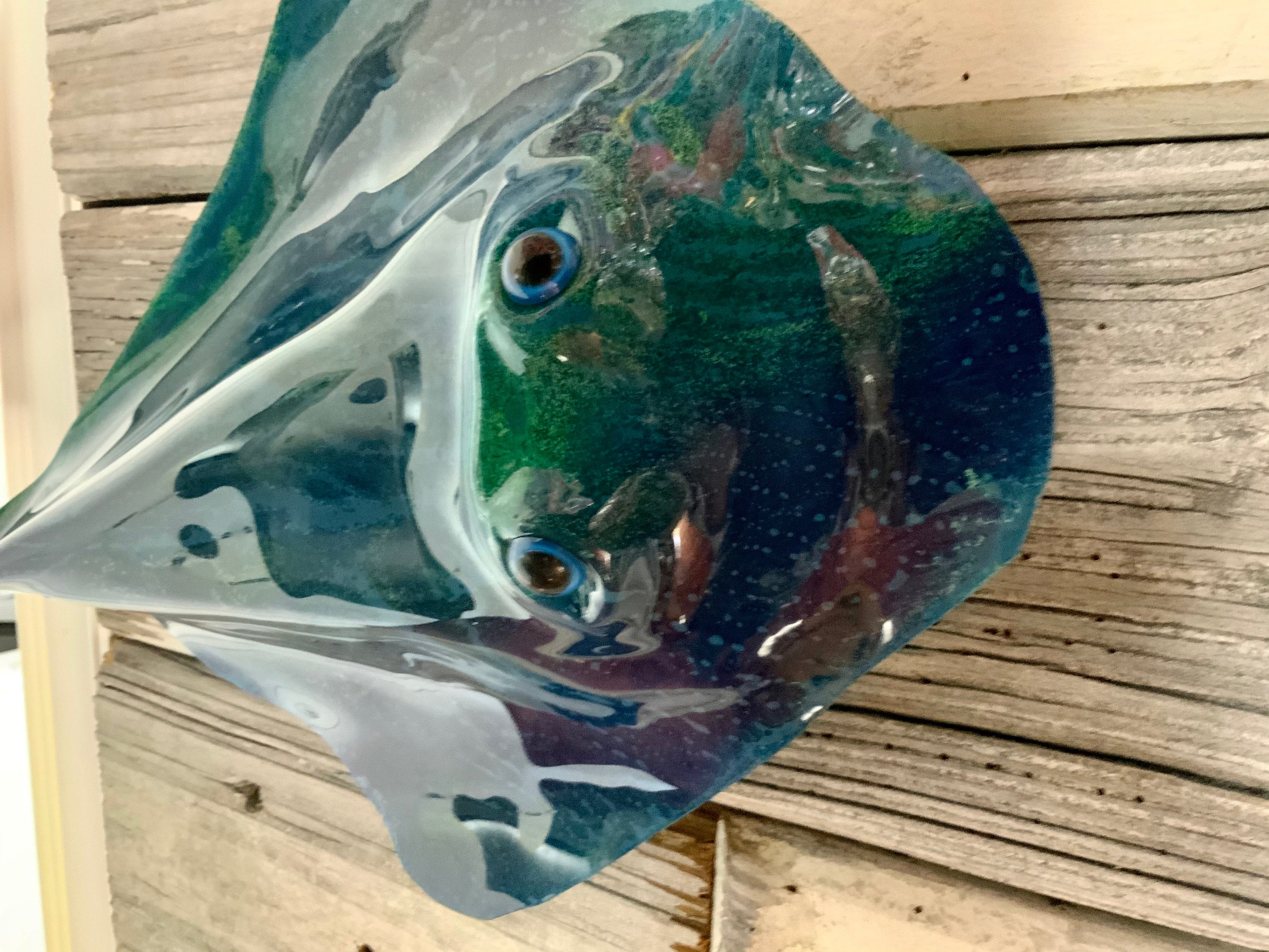 Blue/green Stingray wall hanging 14” handmade eco-friendly plastic ...