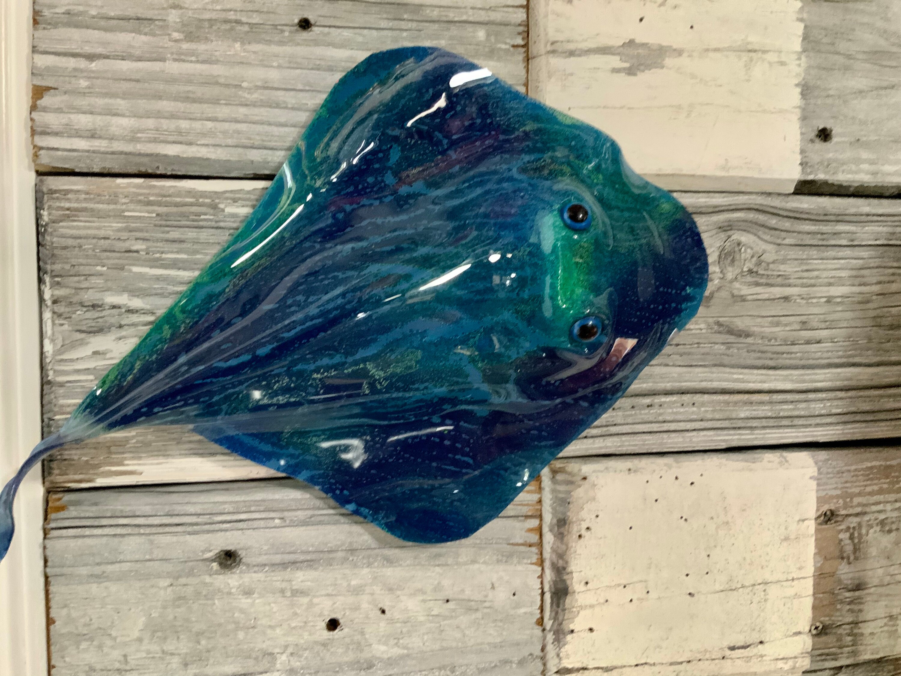 Blue/green Stingray wall hanging 14” handmade eco-friendly plastic ...