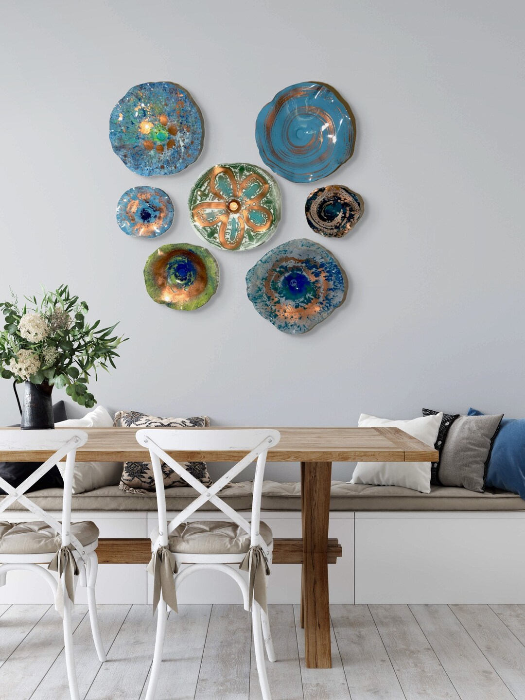 Original Handmade Large Wall Flower Mural Set of 7 Coper/green/blue ...